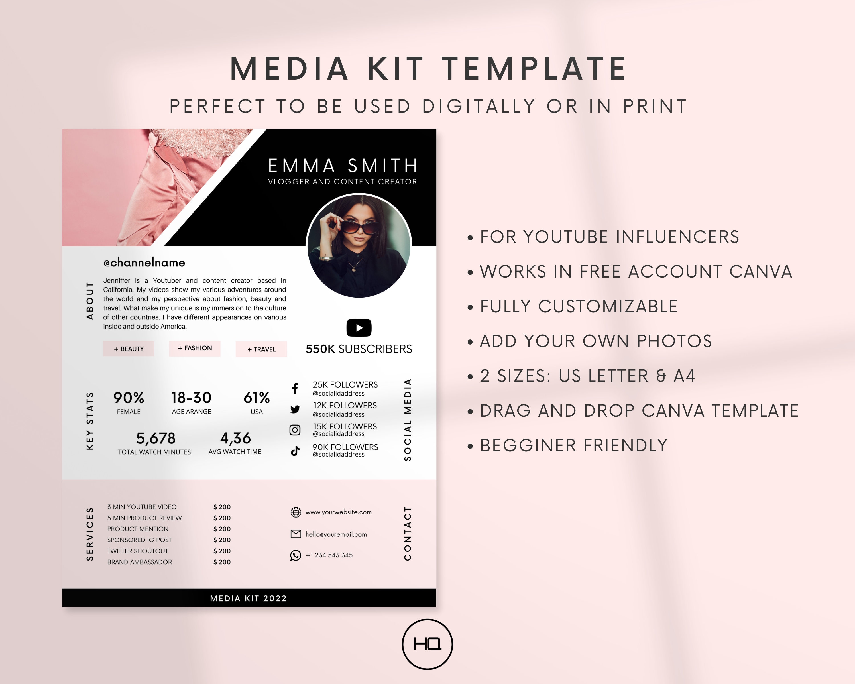 Media Kit Template Canva for Youtube Influencer | One Page Media Kit ...