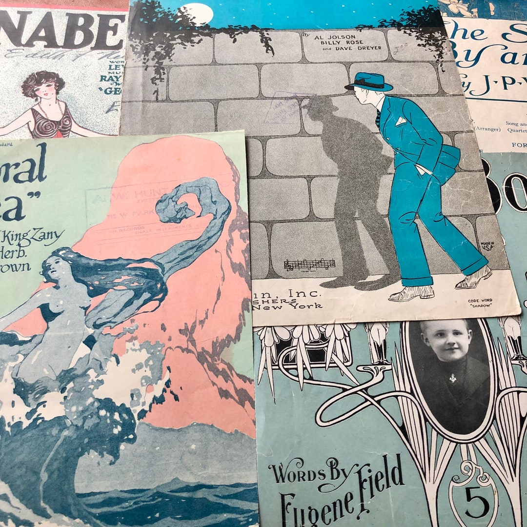 5 SHEET MUSIC COVERS. Original Ephemera in Shades of Blue. Wonderful ...