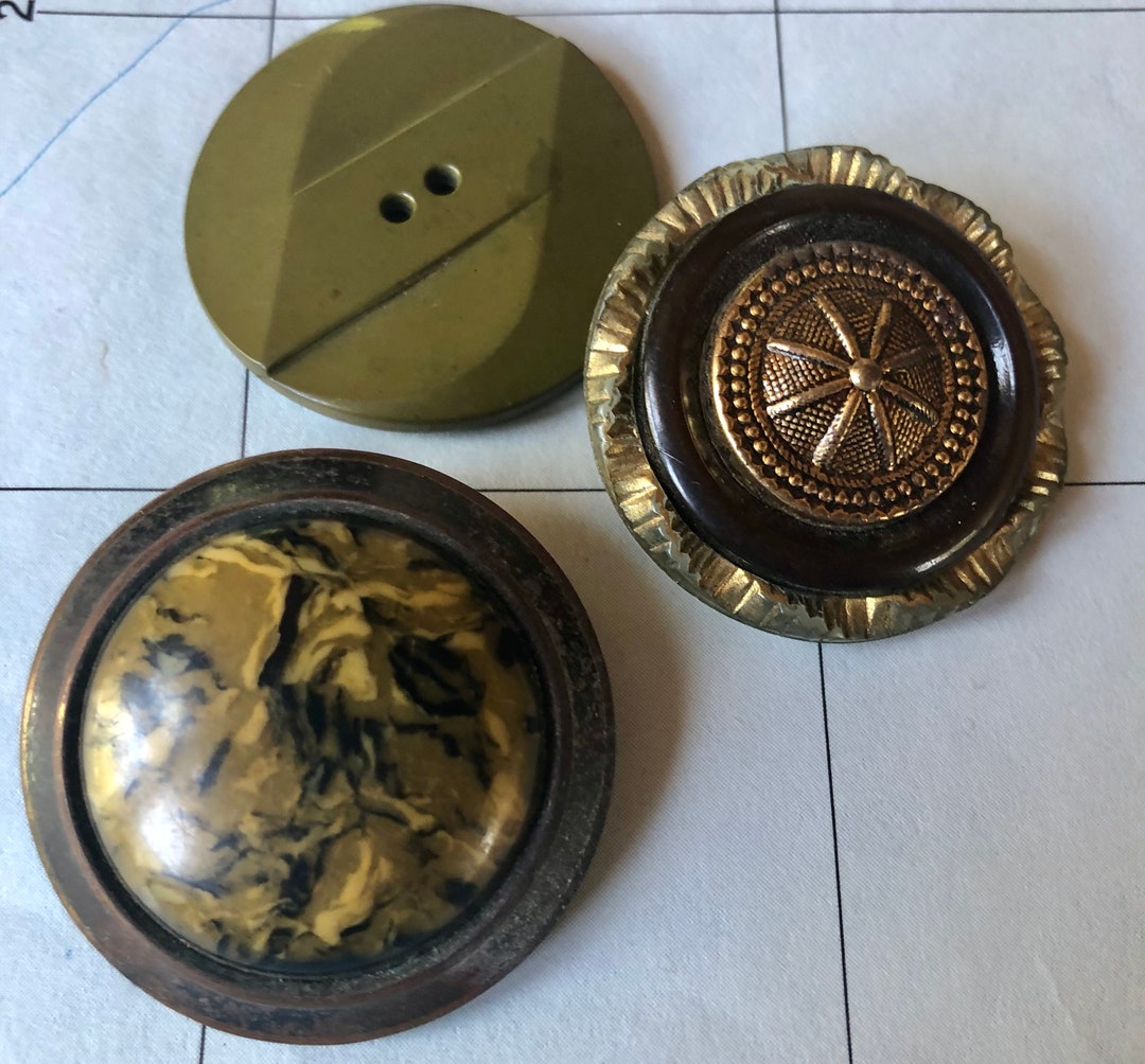TRIO of BUTTONS. Vintage Buttons in Shades of Sludgy Green. Early ...