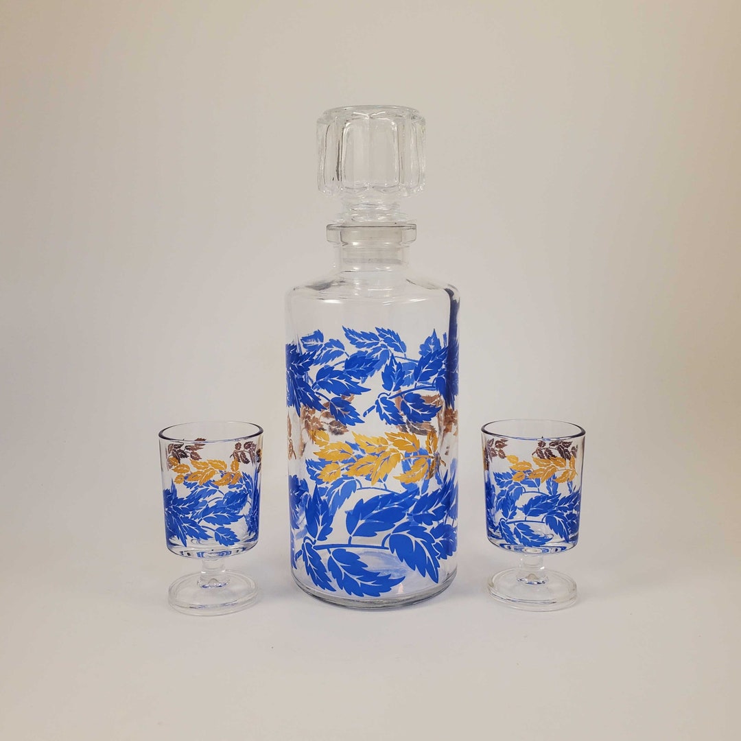 Vintage Luminarc France Blue and Gold Leaves Decanter and Set of 2 ...