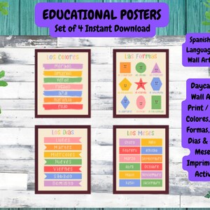 Set of 4 EDUCATIONAL POSTERS / Spanish Language Wall Art / Daycare Wall ...