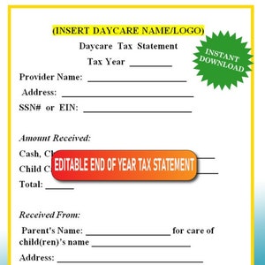 DAYCARE END of YEAR Tax Statement/editable/perfect for Daycare Homes ...