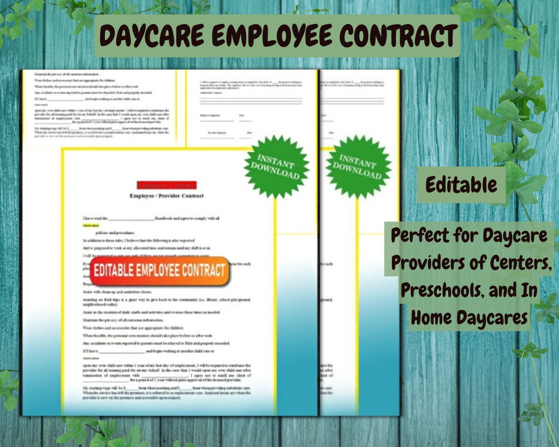 DAYCARE EMPLOYEE CONTRACT/ / Editable/ Perfect for Daycare Providers of ...