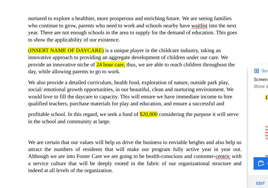 Daycare Grant Writing Proposal Template: Editable Childcare Forms ...