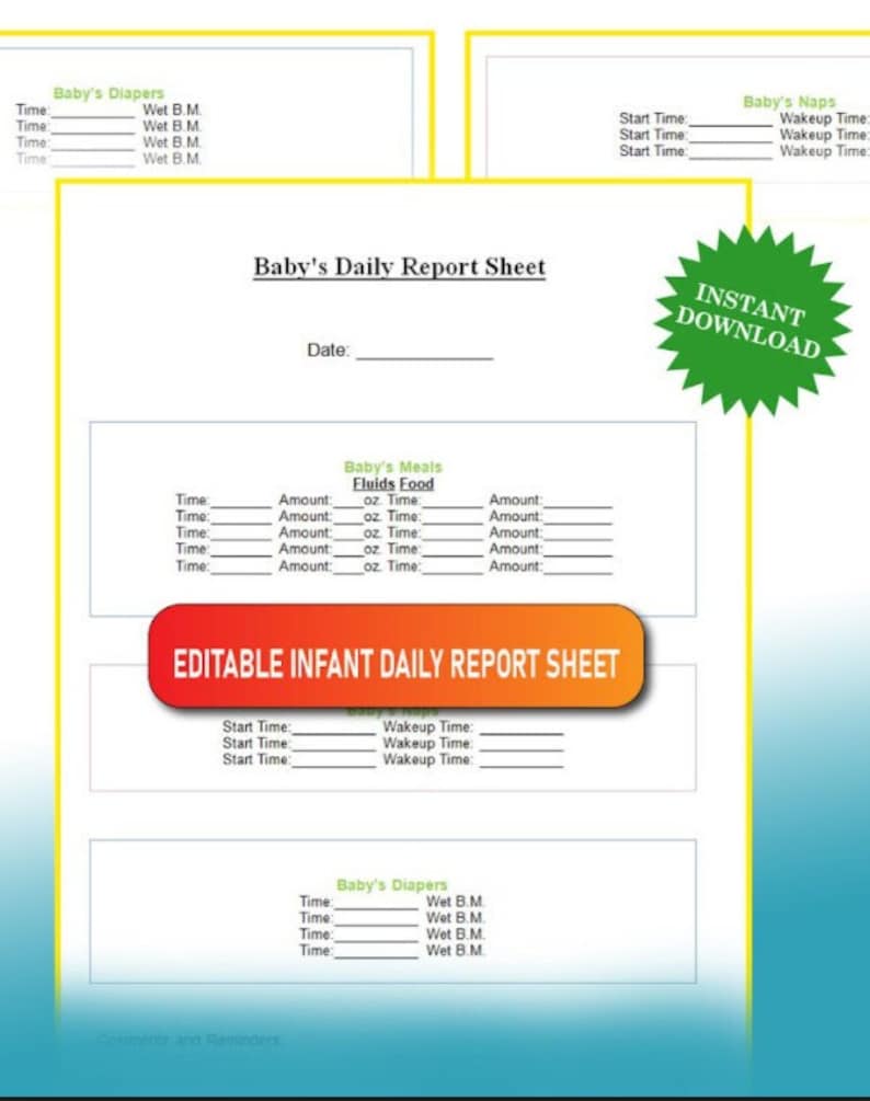 INFANT DAILY REPORT Form / Editable/ Perfect for Daycare Providers of ...