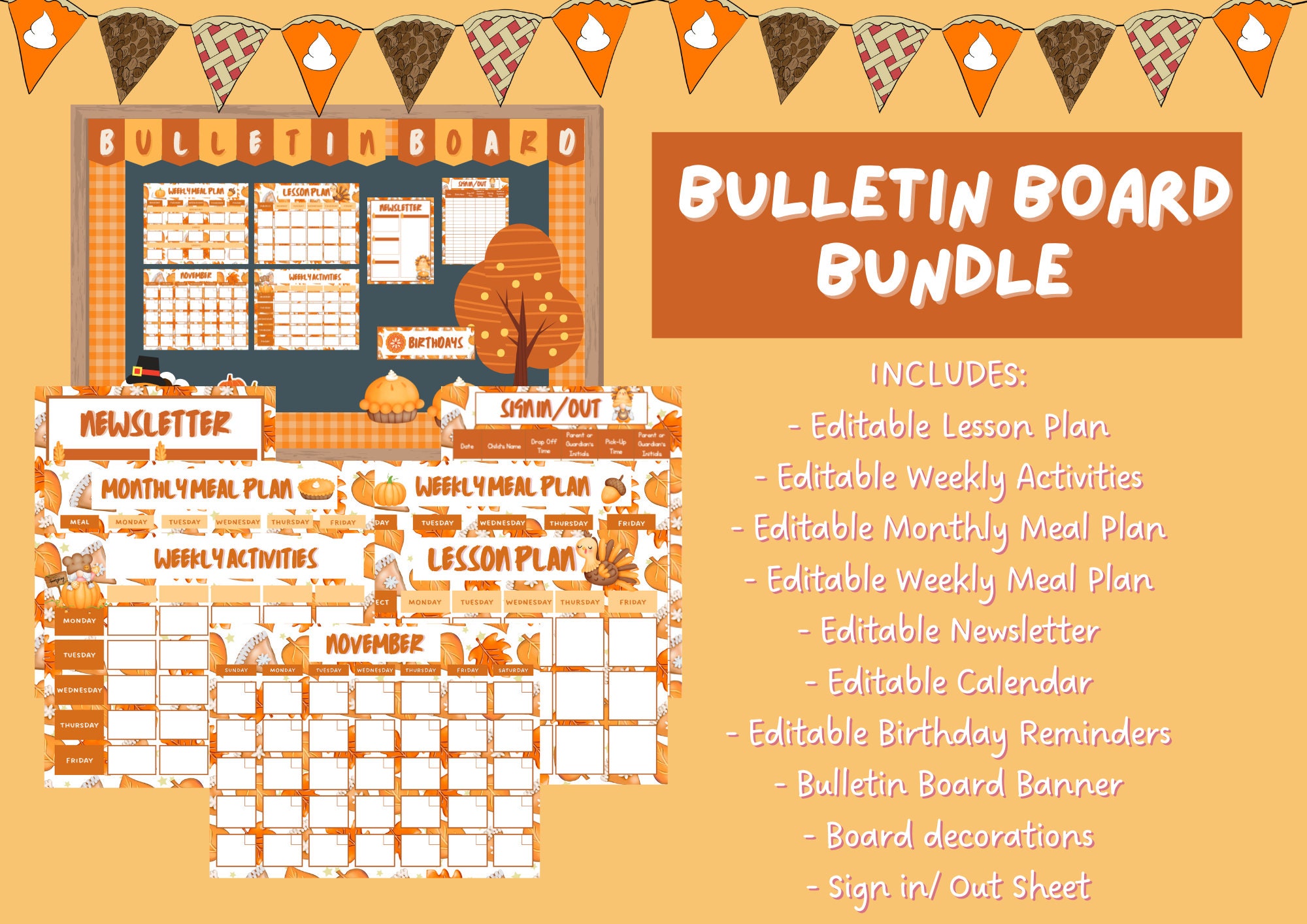 Thanksgiving Bulletin Board Kit: Editable Daycare Newsletter, Meal Plan ...