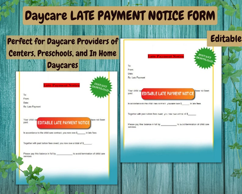 Daycare Late Payment Notice Form: Editable Template (digital Download ...