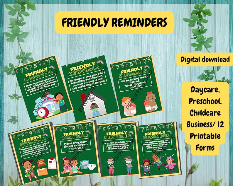 FRIENDLY Reminders/daycare, Preschool, Childcare Business/ 12 Printable ...