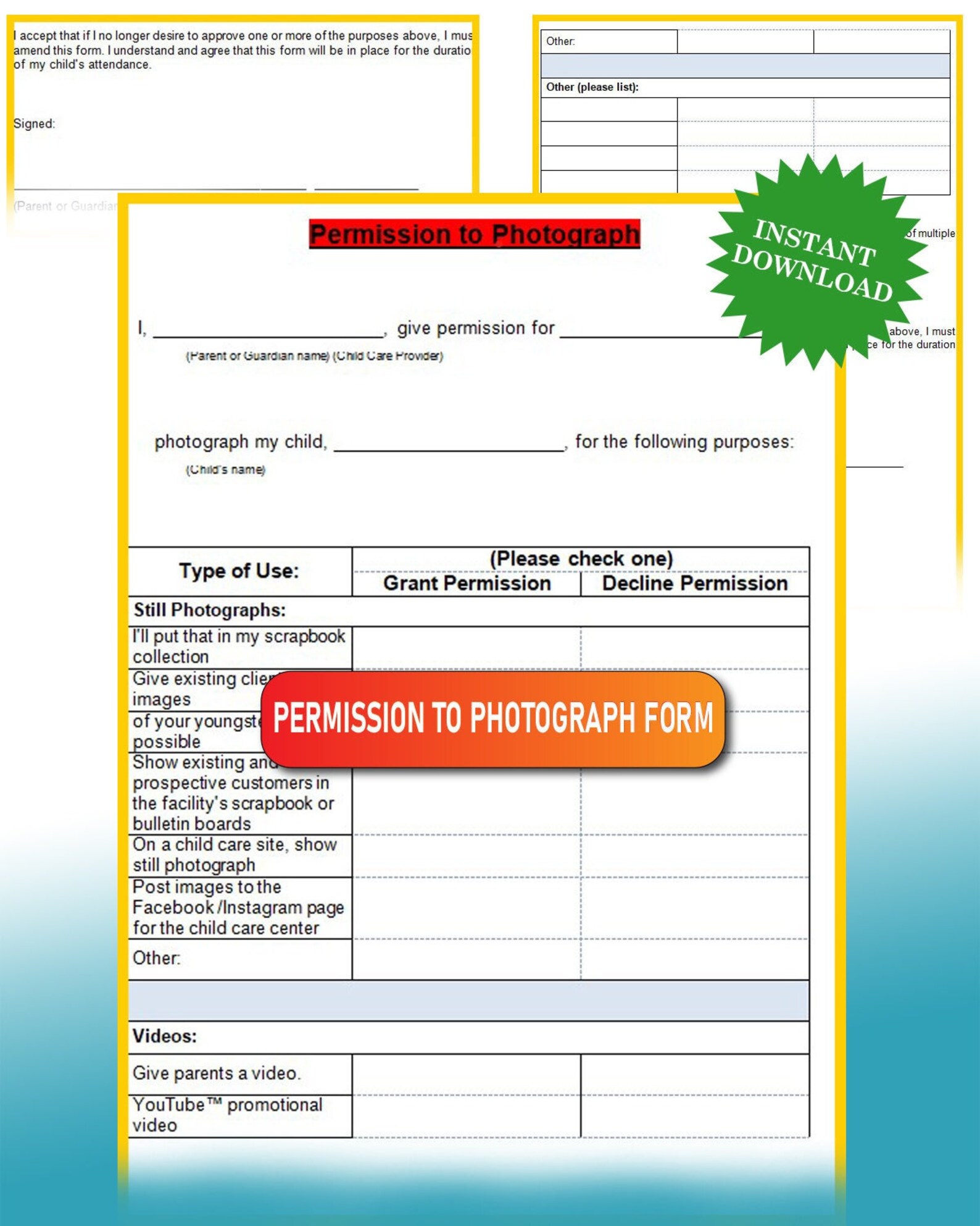 PERMISSION TO Photograph/social Media Form/editable / Perfect for ...