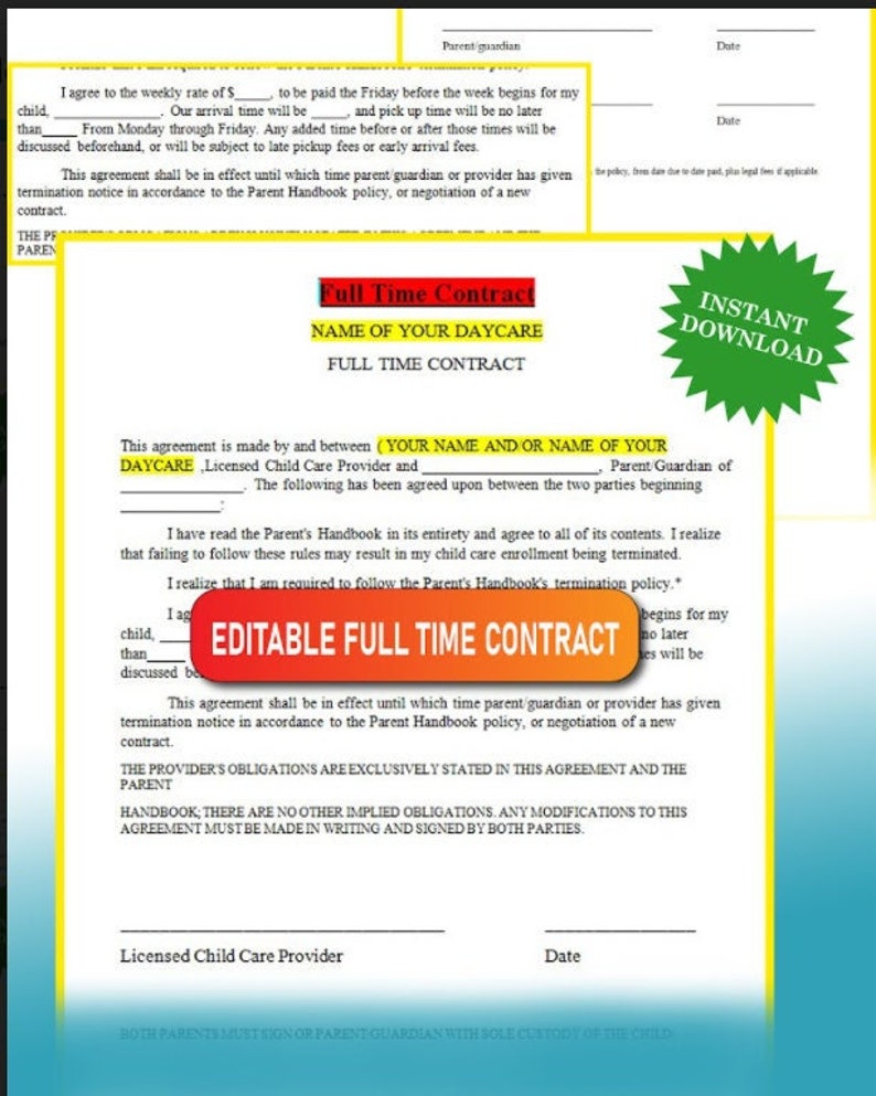 FULL-TIME CONTRACT /editable / Perfect for Daycare Providers of Centers ...