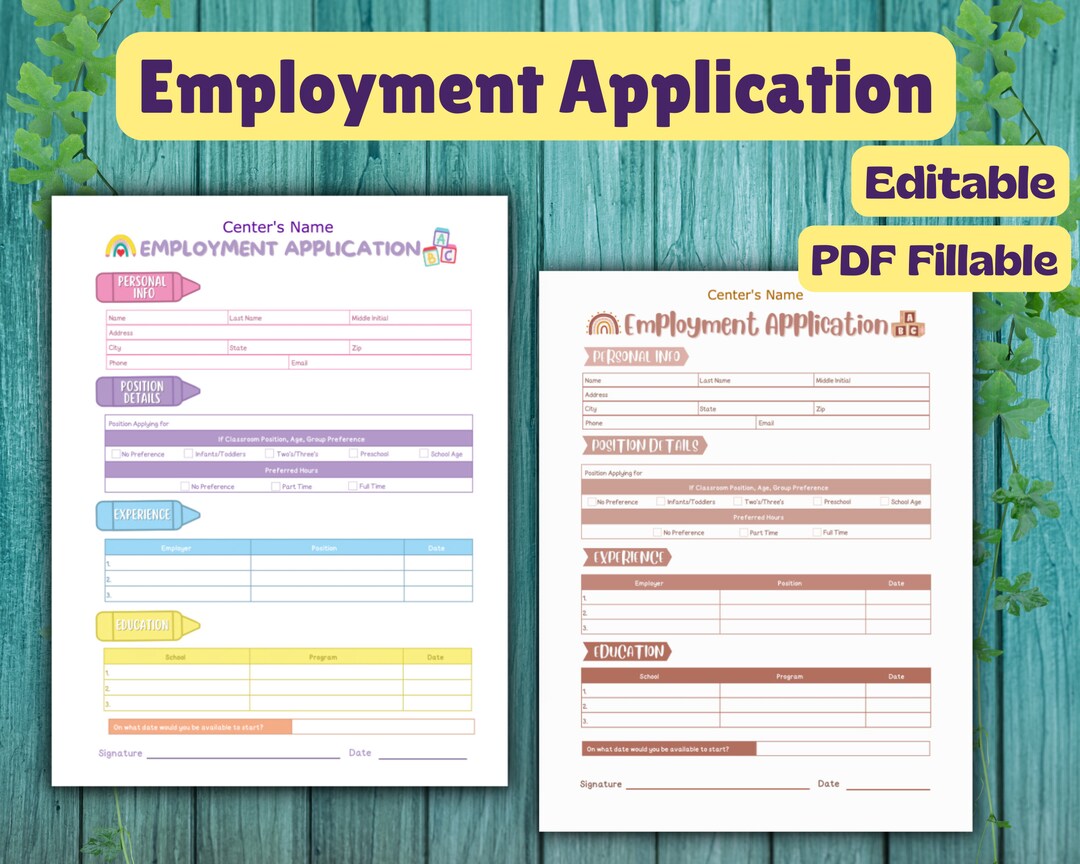 Daycare Employment Application: Editable Fillable PDF - Etsy