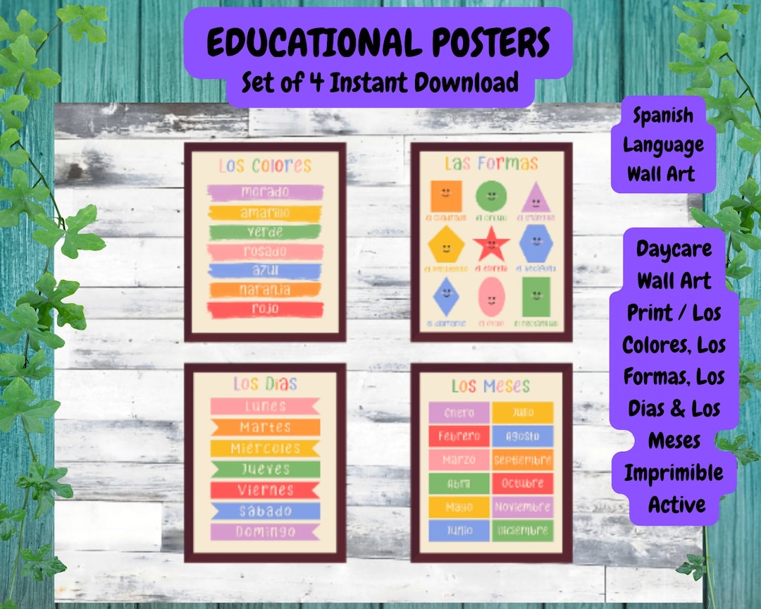 Set of 4 EDUCATIONAL POSTERS / Spanish Language Wall Art / Daycare Wall ...