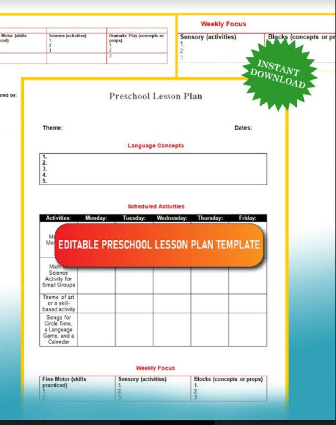 PRESCHOOL LESSON PLAN Template/ Editable / Perfect for Daycare ...