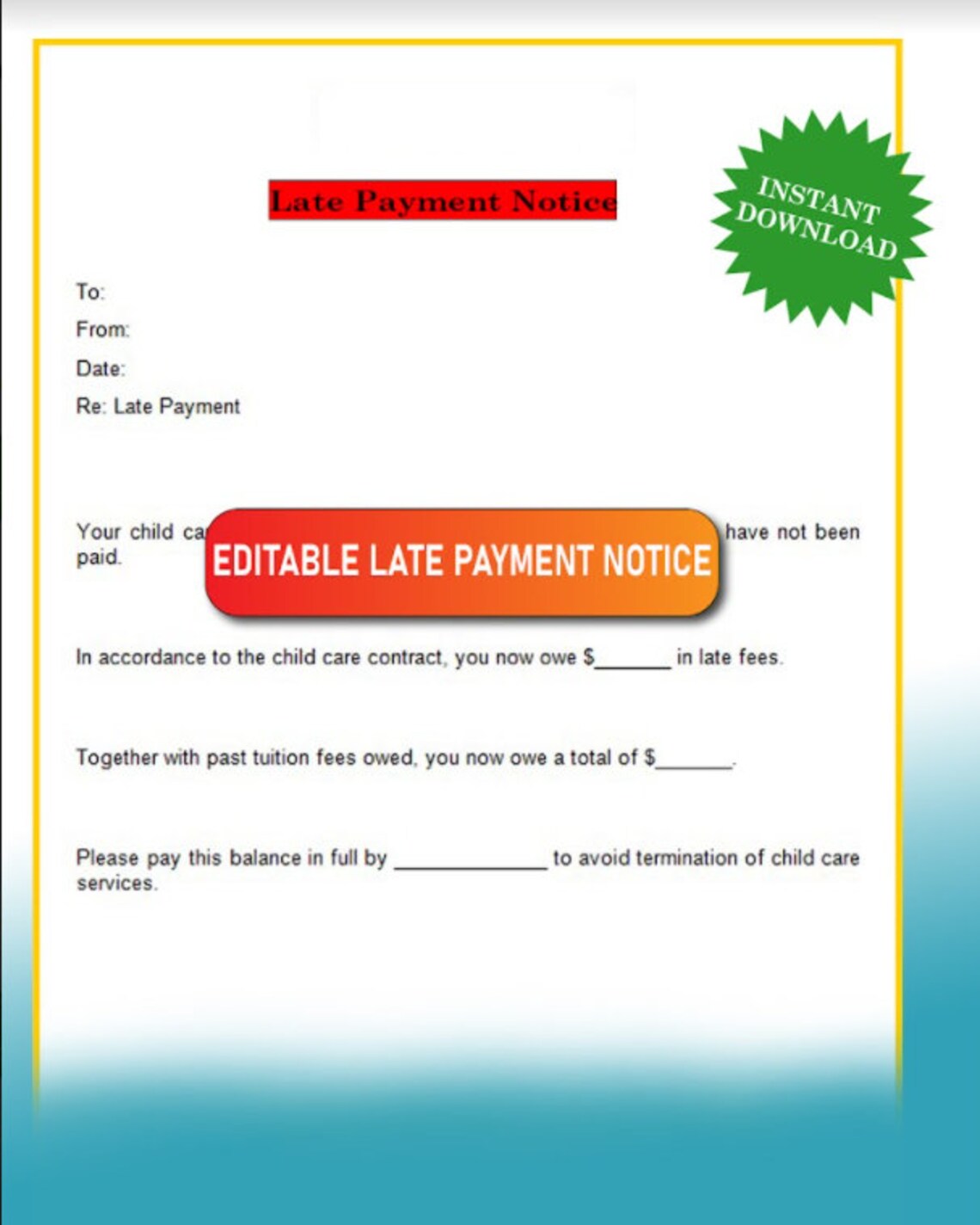 Daycare LATE PAYMENT NOTICE Form editable Perfect For Etsy