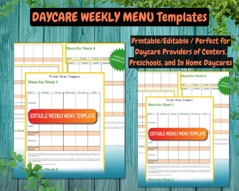 DAYCARE WEEKLY MENU Templates /editable / Perfect for Daycare Providers ...