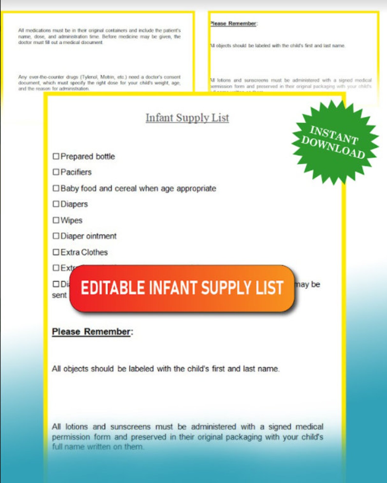 Editable Infant Supply List Form: Daycare Printable (digital Download ...