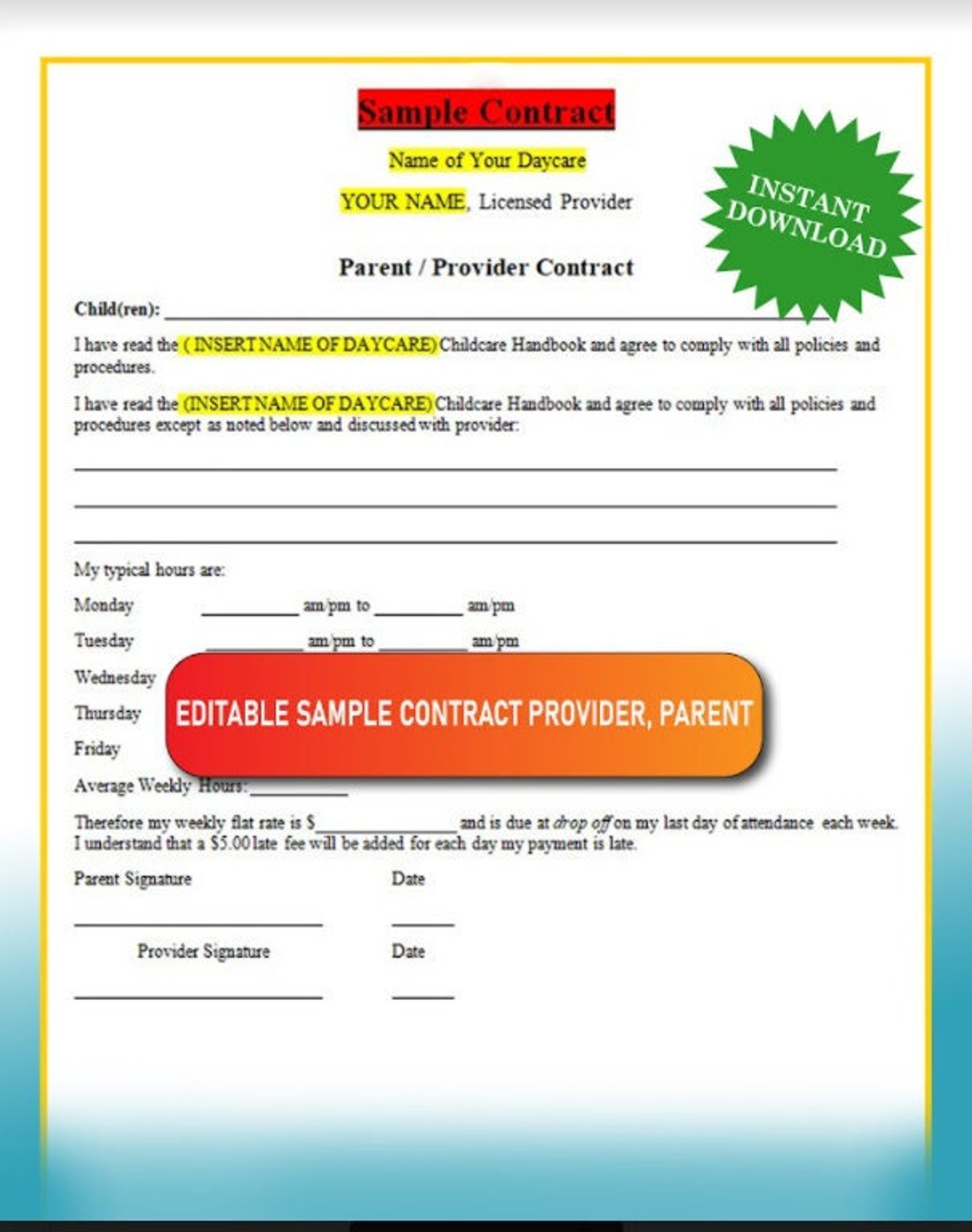 DAYCARE PARENT/PROVIDER Contract/ Editable / Perfect for Daycare ...