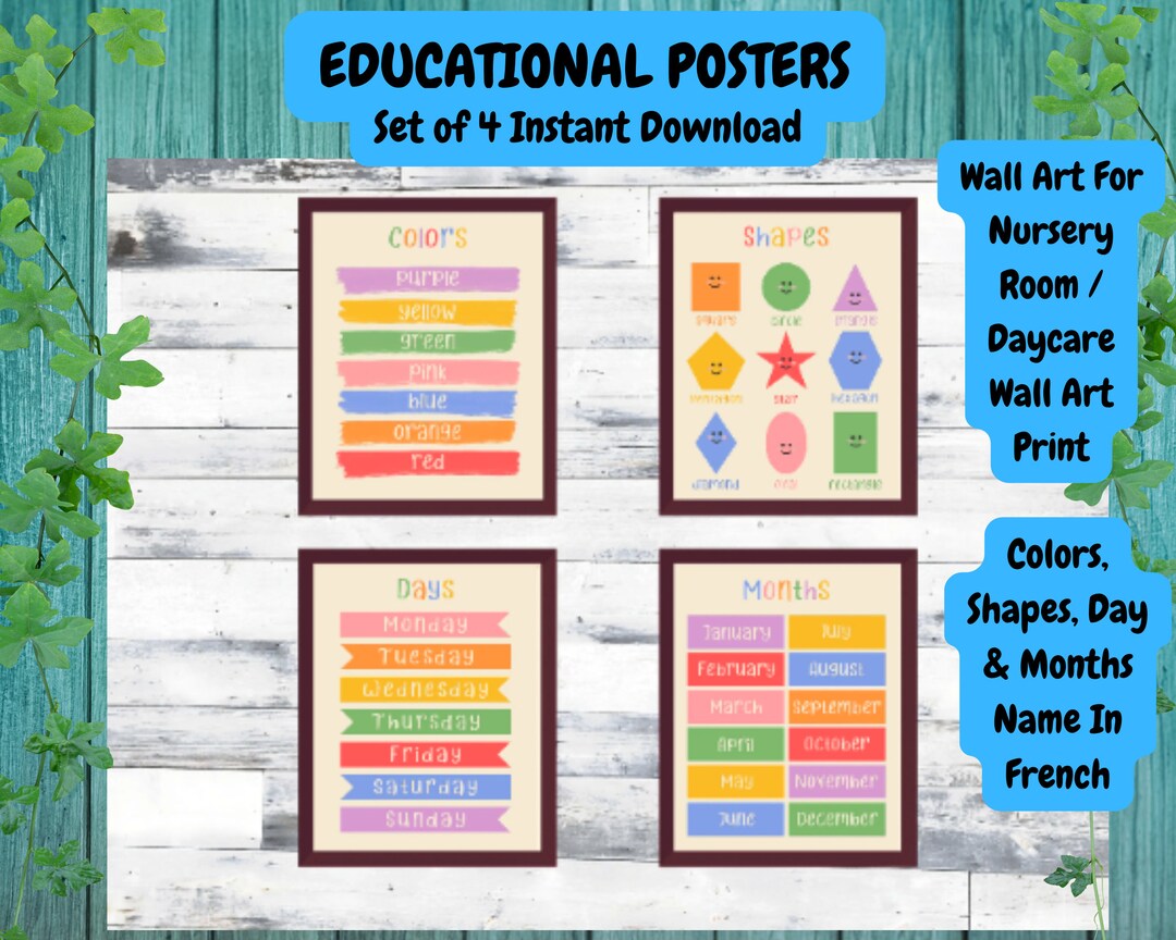 Nursery Educational Posters: Colors, Shapes, Days, Months (digital ...