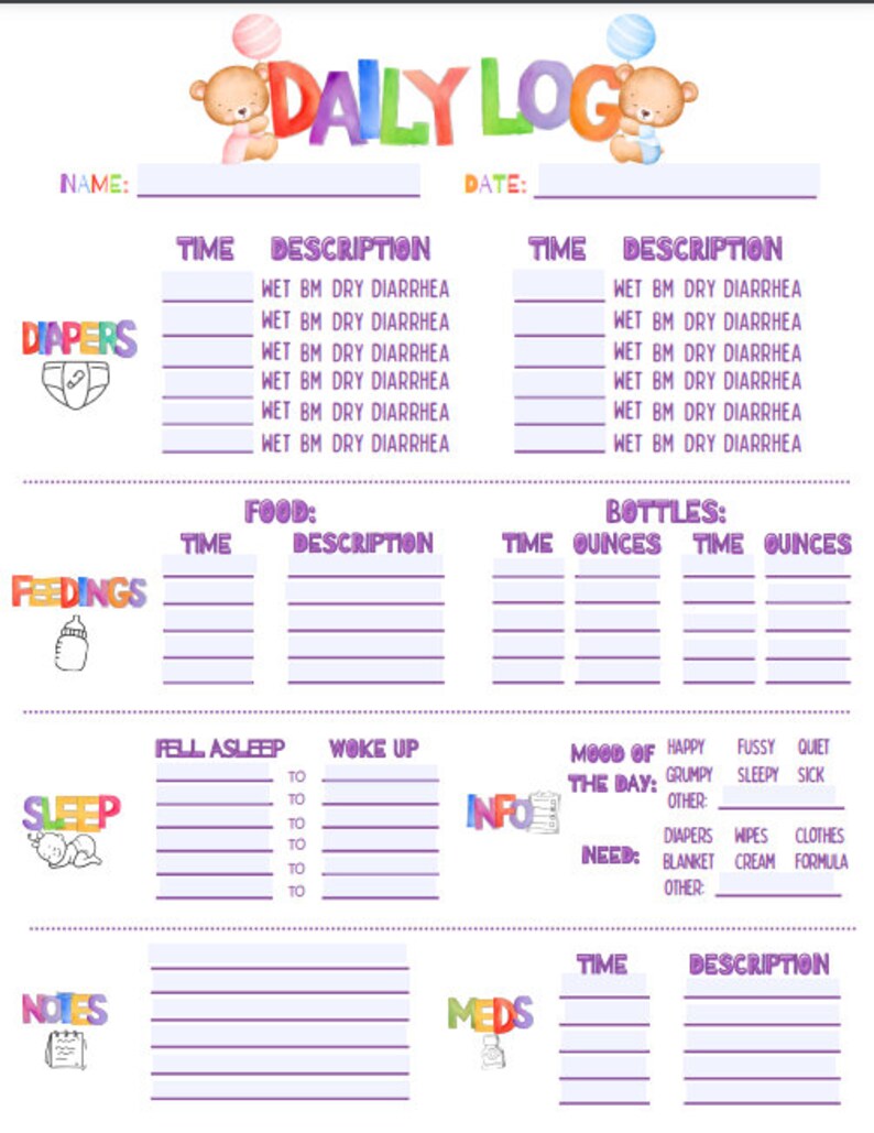 Infant Daily Log: Childcare Tracker, Babysitter Notes (PDF Fillable) - Etsy