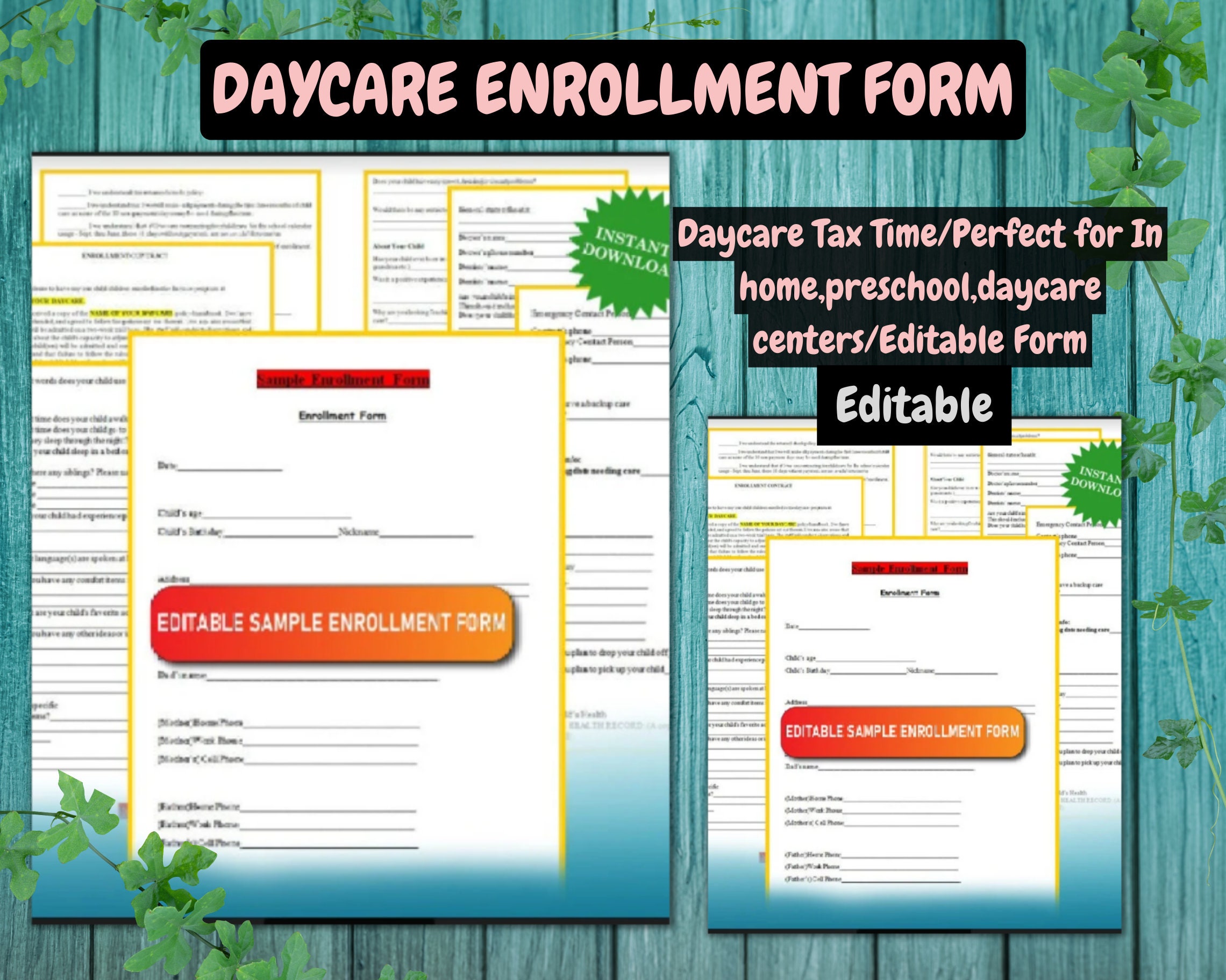 DAYCARE ENROLLMENT FORM/ Editable/ Perfect for Daycare Providers of ...