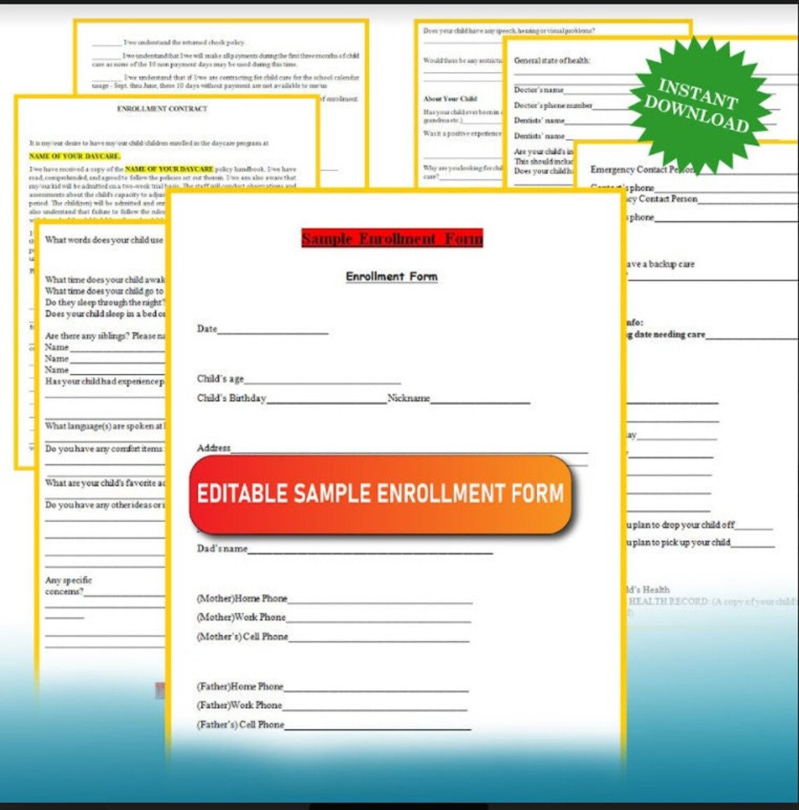 DAYCARE ENROLLMENT FORM/ Editable/ Perfect for Daycare Providers of ...
