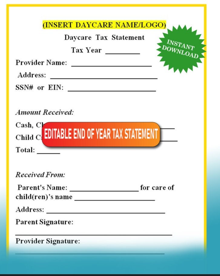 DAYCARE END of YEAR Tax Statement/editable/perfect for Daycare Homes ...