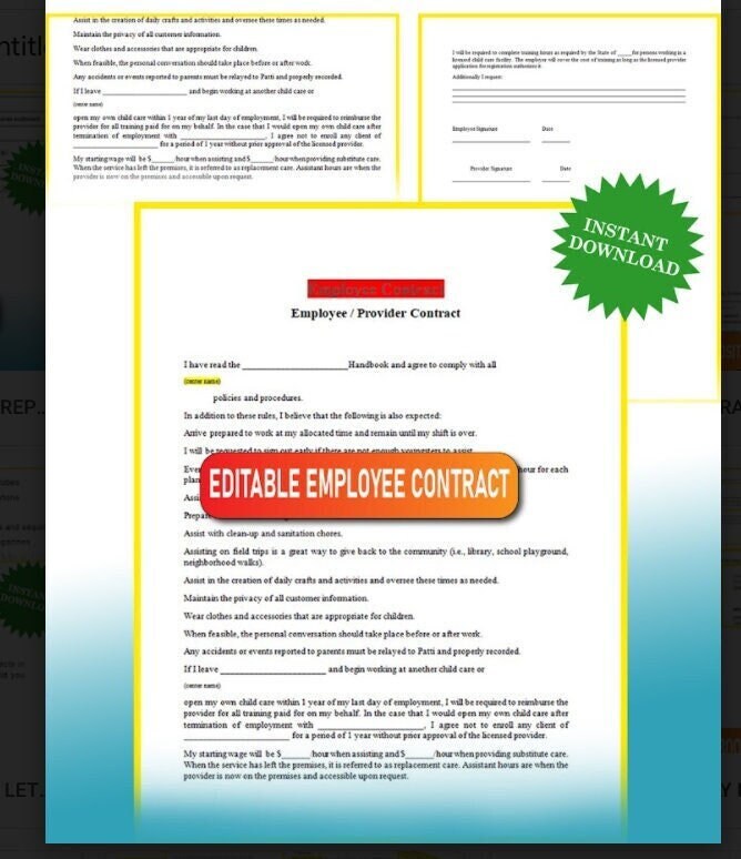 DAYCARE EMPLOYEE CONTRACT/ / Editable/ Perfect for Daycare Providers of ...