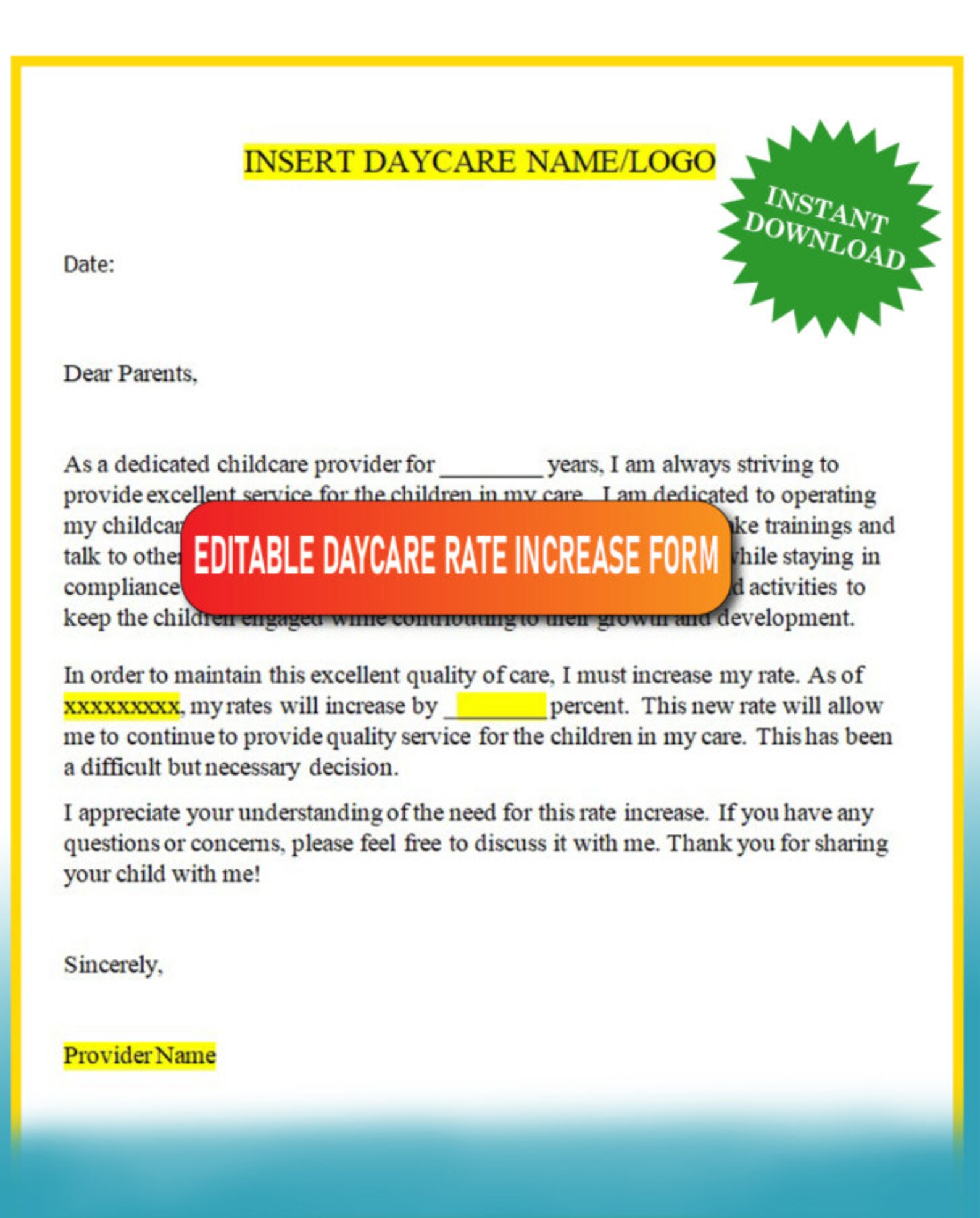DAYCARE RATE INCREASE Form/editable/ Perfect for Daycare Centers, In ...