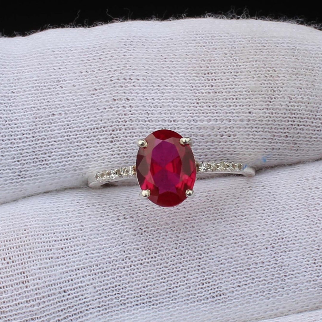 Vintage Oval Lab Ruby Ring: Silver July Birthstone Engagement Ring - Etsy