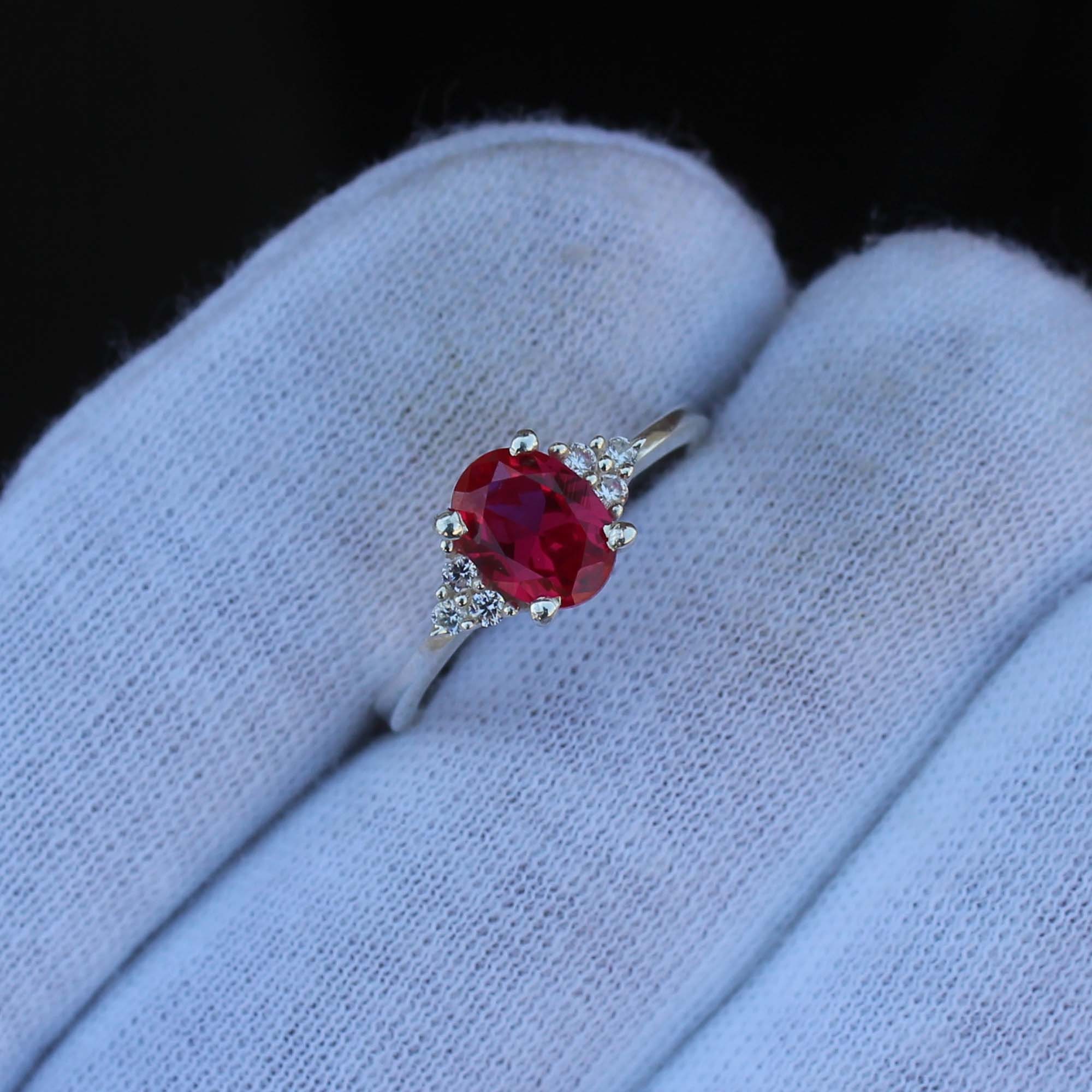 Oval Lab Ruby Ring: Silver Wedding Ring With Cubic Zirconia - Etsy