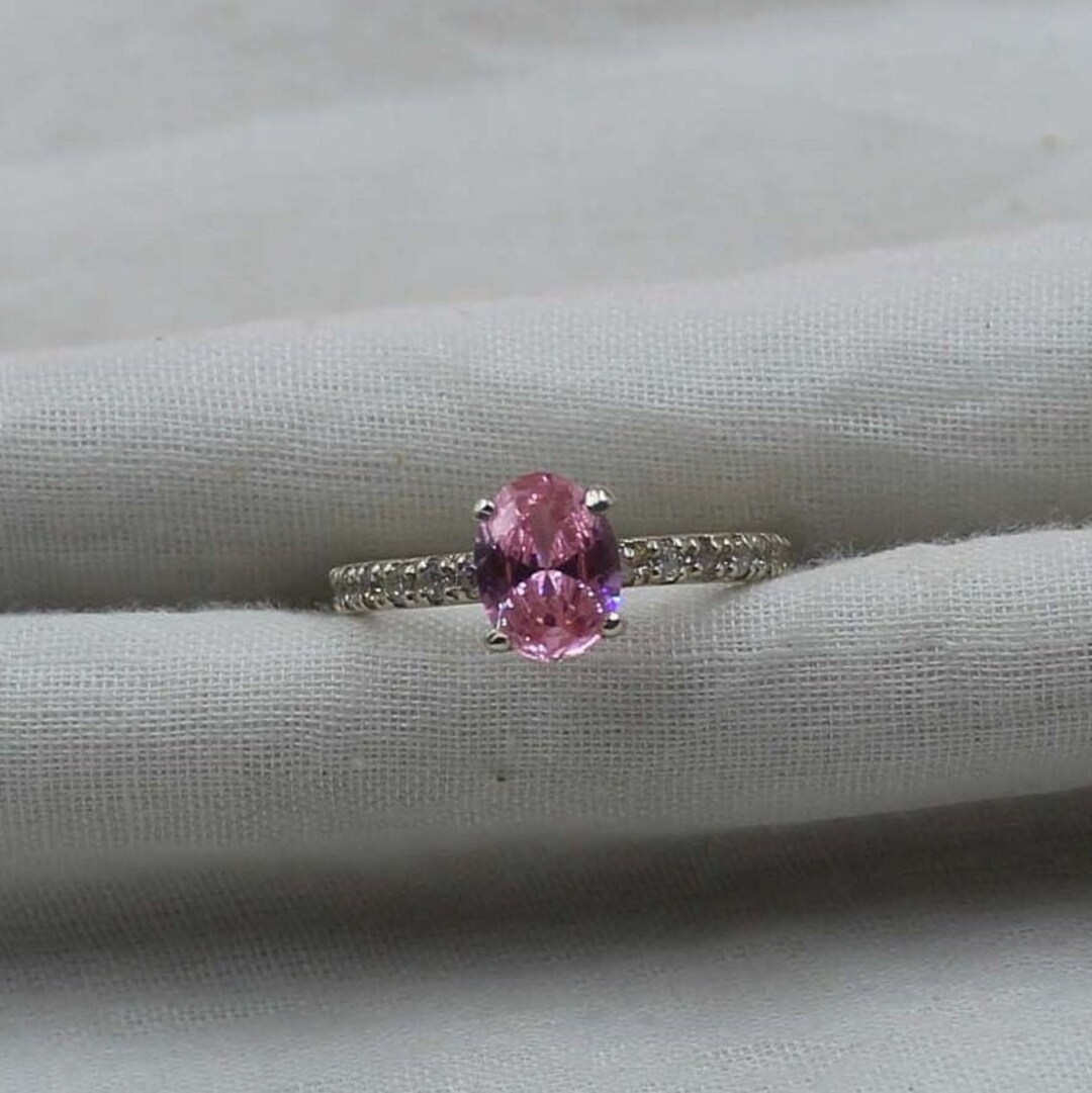 Lab Pink Sapphire Ring Oval Cut Silver Pink Sapphire Ring Engagement ...