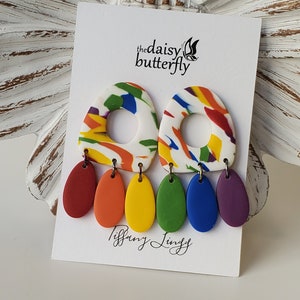 Confetti Rainbow Dangles, Abstract Clay Earrings, Roy G Biv Earrings, Large Clay Dangles, Artist ...