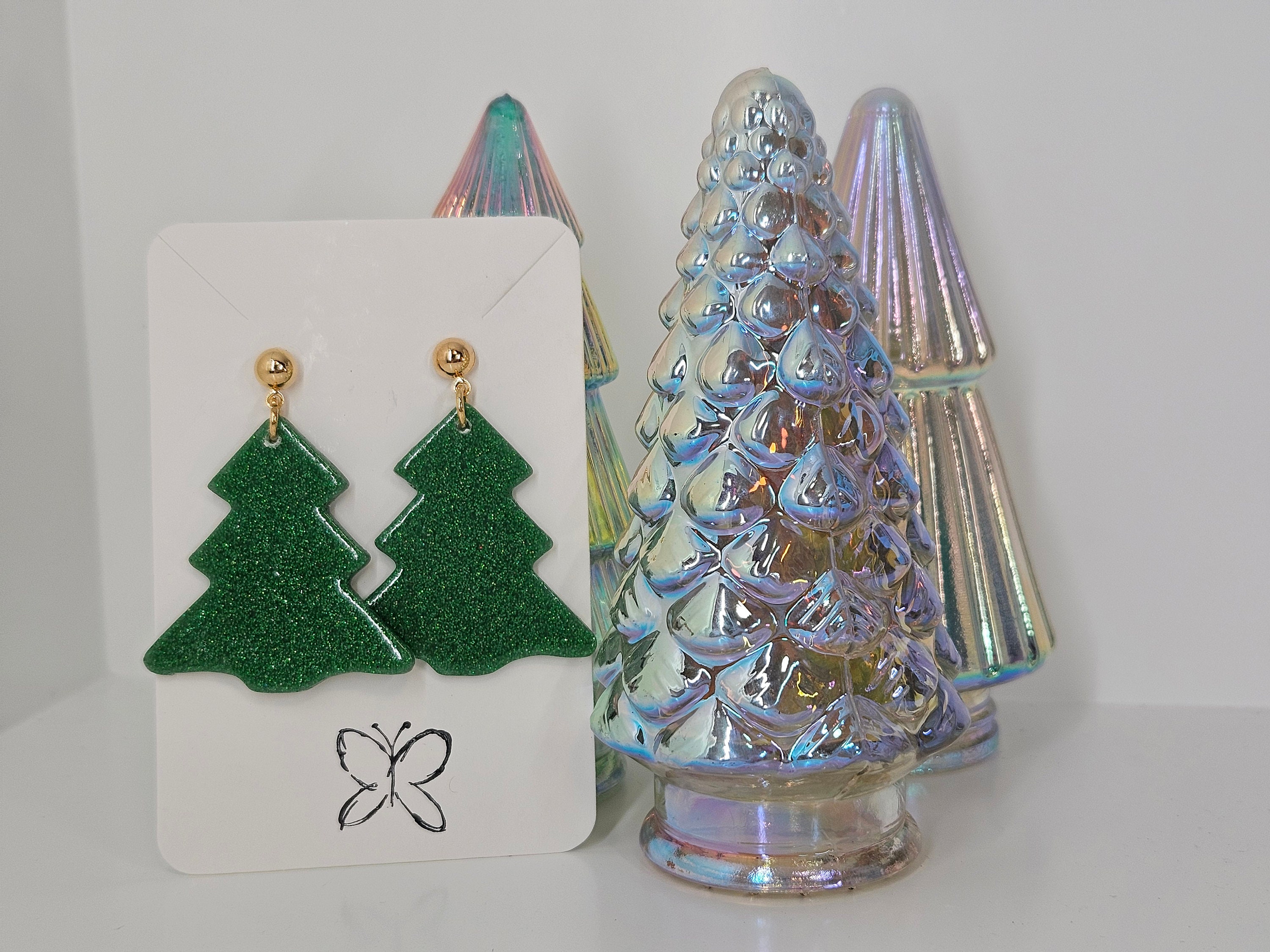 Glitter Christmas Tree Dangles Green Tree Earrings Christmas - Etsy