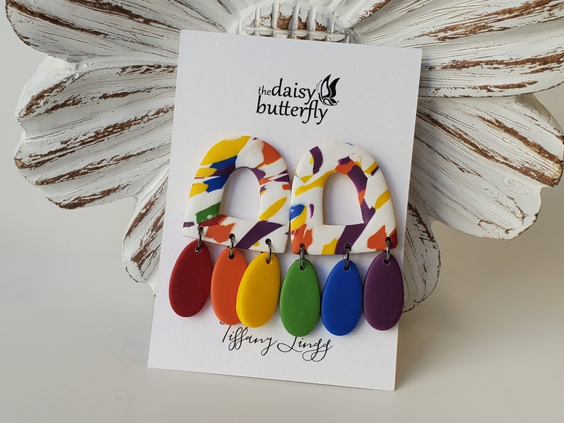 Confetti Rainbow Dangles Abstract Clay Earrings Roy G Biv - Etsy