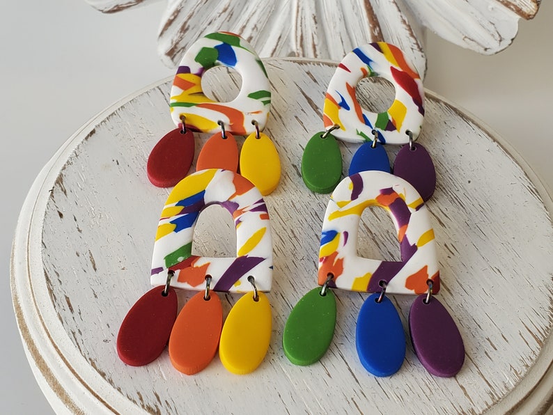 Confetti Rainbow Dangles Abstract Clay Earrings Roy G Biv - Etsy