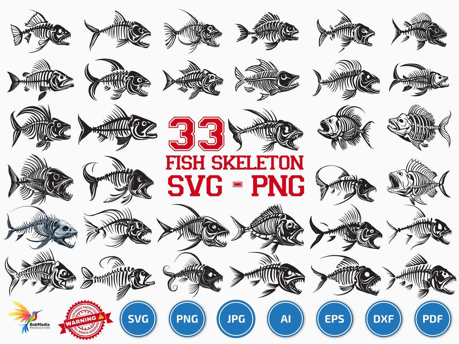 33 Skeleton Fish Svg Png Bundle, Fish Bone Svg, Fishbone Svg, Fish ...