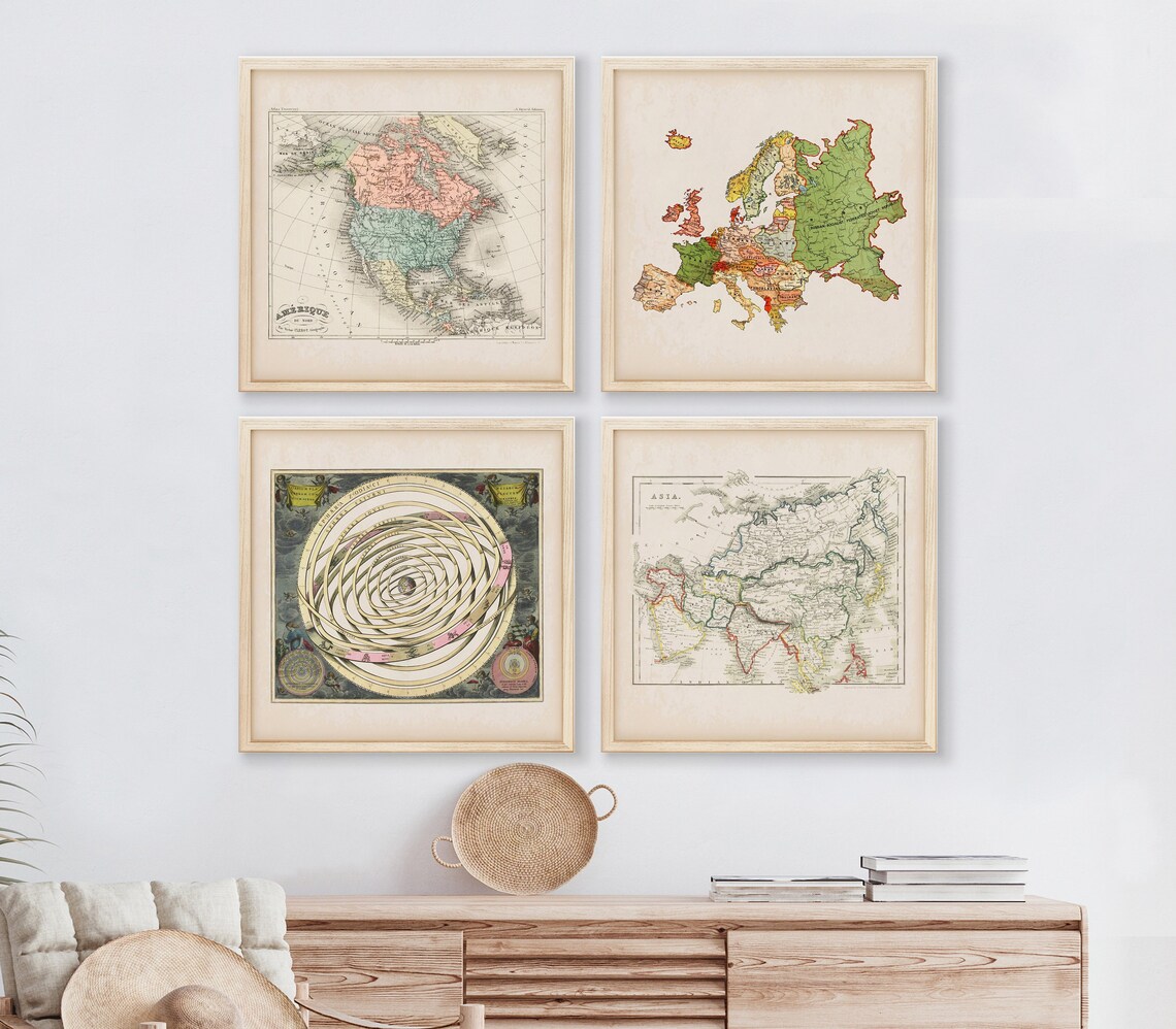 Vintage World Map Print Set of 4: Square Antique Style Digital Download ...