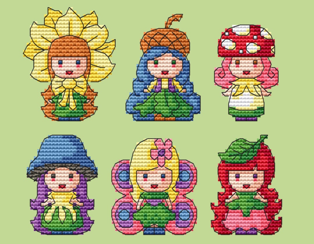 Cross Stitch Pattern, Chibi Nature Sprites Cute Girls Cross Stitch ...