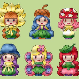 Cross Stitch Pattern, Chibi Nature Sprites Cute Girls Cross Stitch ...