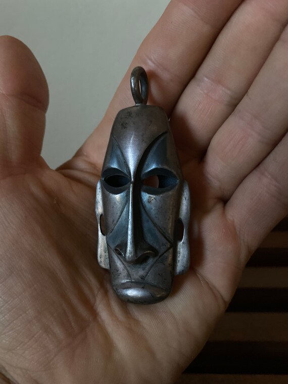 Antique Silver Tribal Mask Pendant Charm - Gem