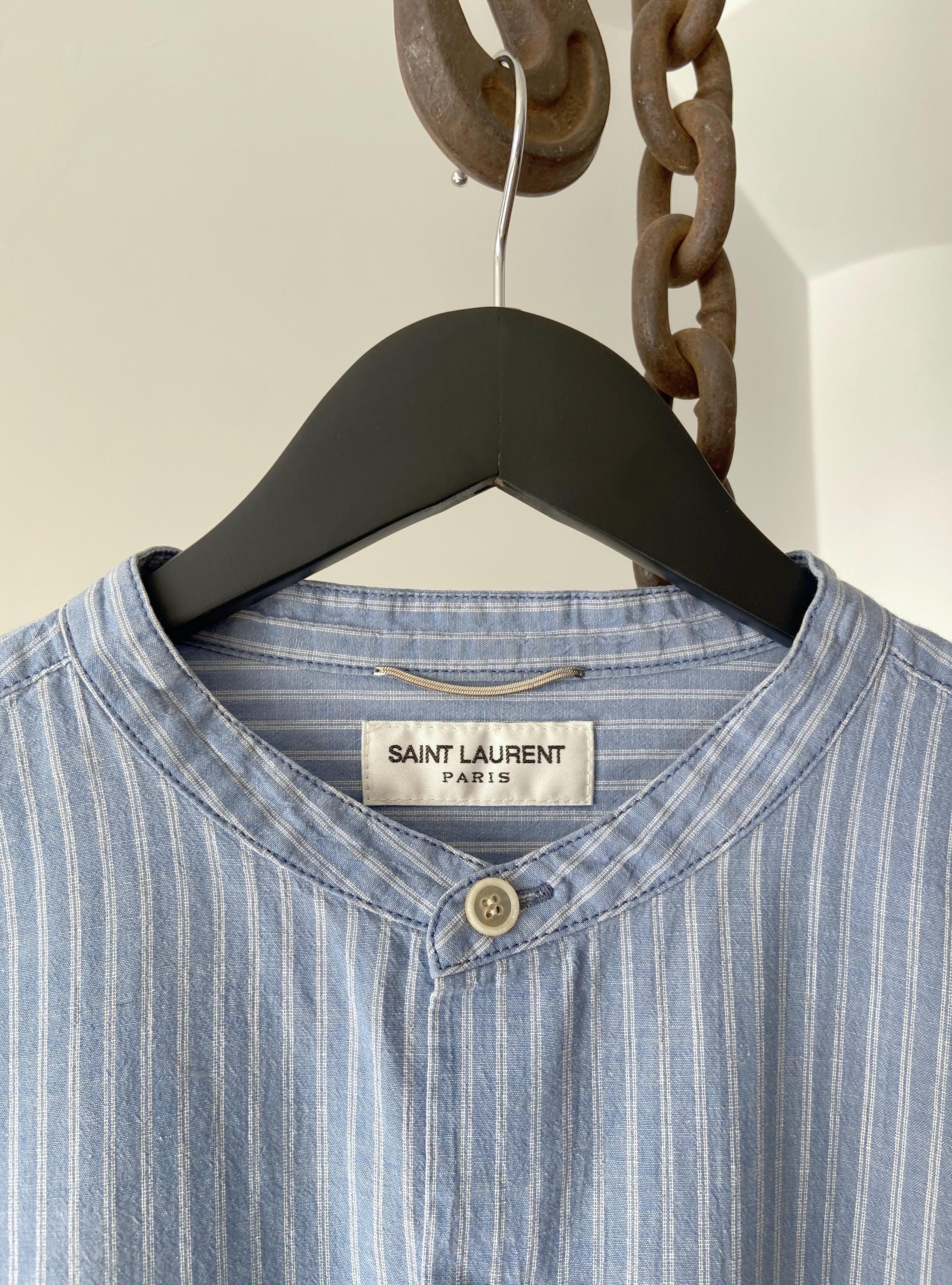 YSL - Saint Laurent Paris Blue Railroad Stripe Band Collar Button-front ...