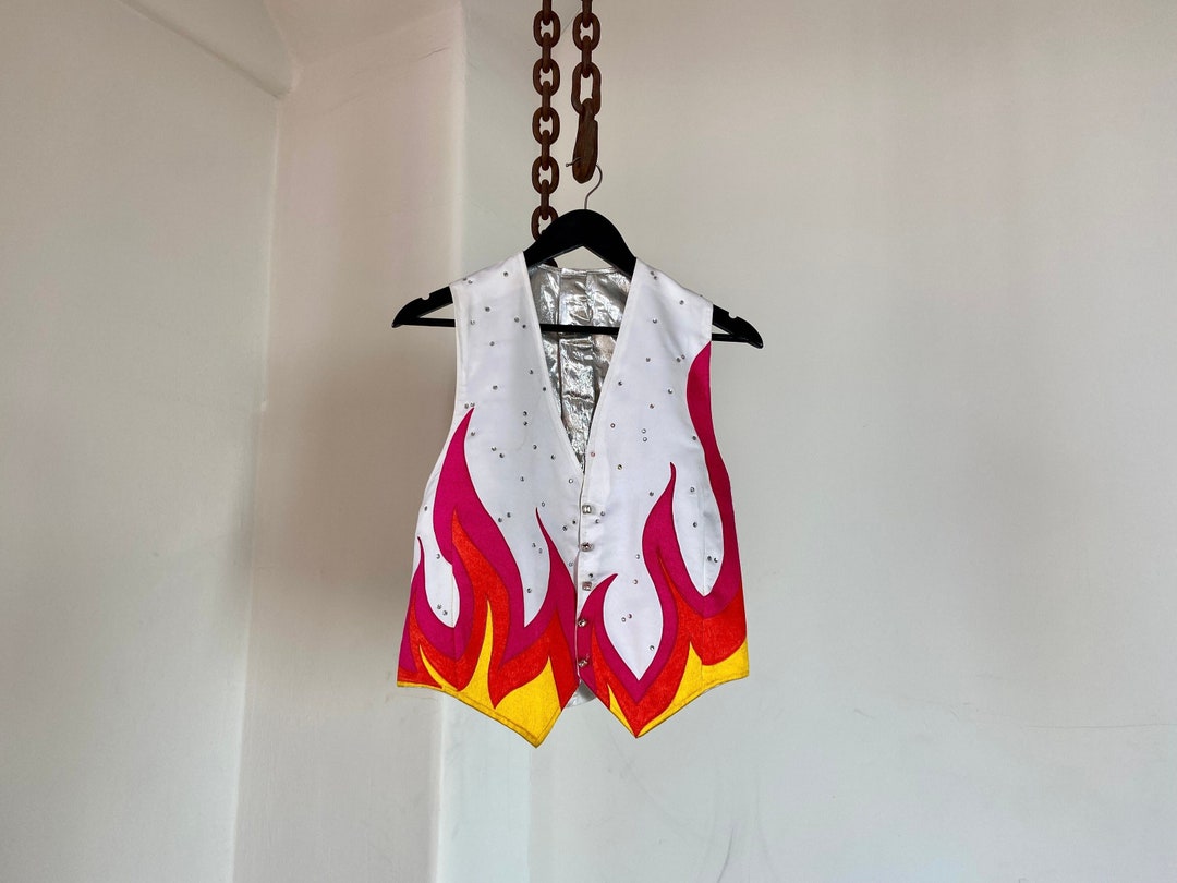 Vintage White Satin Vest With Embroidered Flames and Faux-diamonds ...