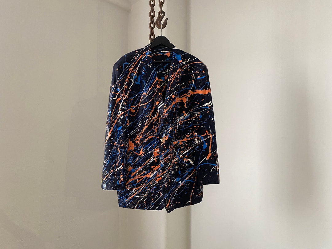 Pollock Style Orange Blue White Hand Painted Jacket / Customized Ralph ...
