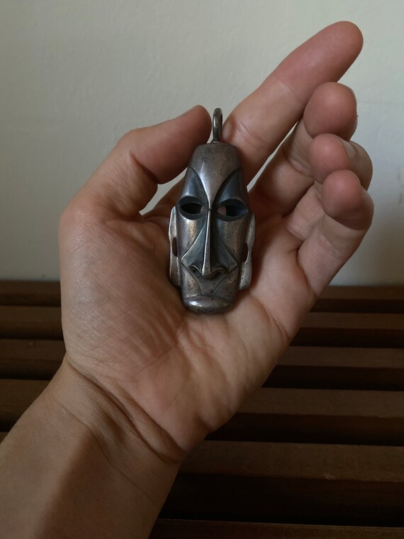 Antique Silver Tribal Mask Pendant Charm - Gem
