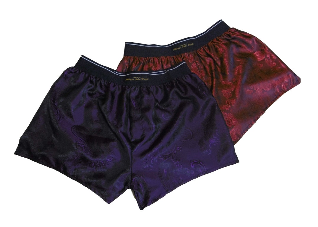 Silk Boxer Shorts in Red and Purple Paisley Pattern Handmade in France ...
