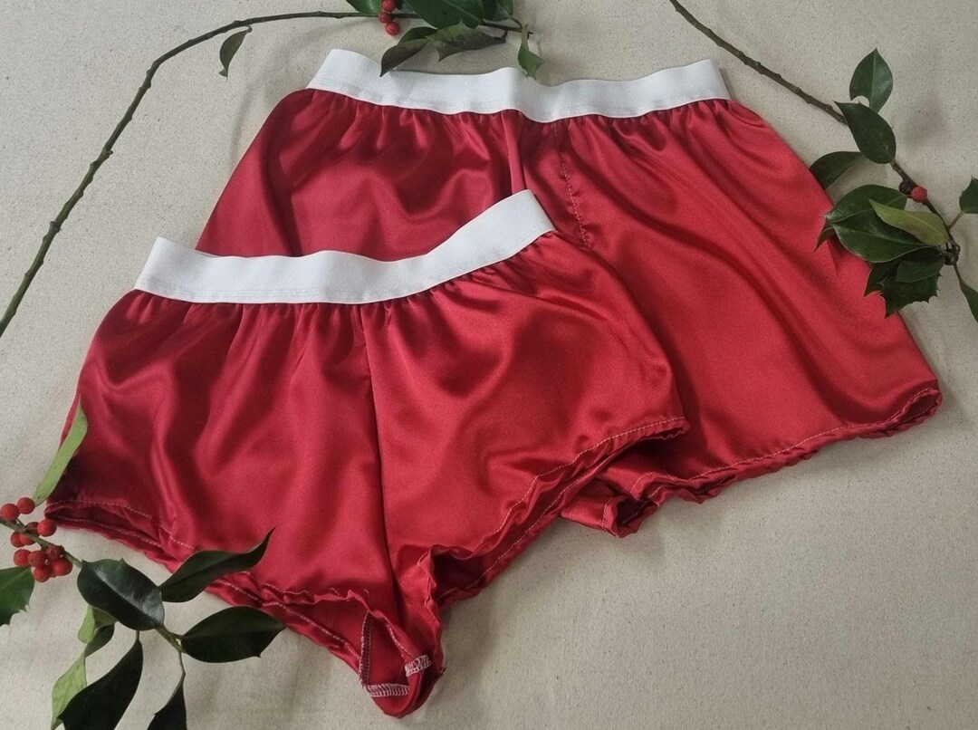 His and Her Christmas Satin RED Boxer Shorts and Boy Shorts With White ...