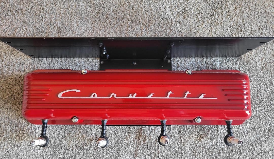 Vintage Red Corvette Script Valve Cover Rack Man Cave With Custom Metal ...