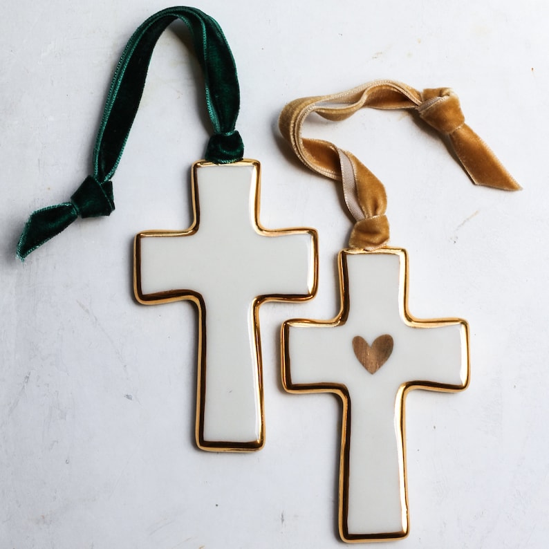 Cross Ornament With Gold Heart | Handmade - Etsy