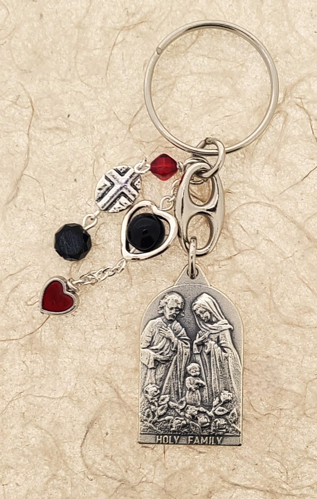 Holy Family Key Ring With Black Glass Heart and Red Enamel Heart Bead ...