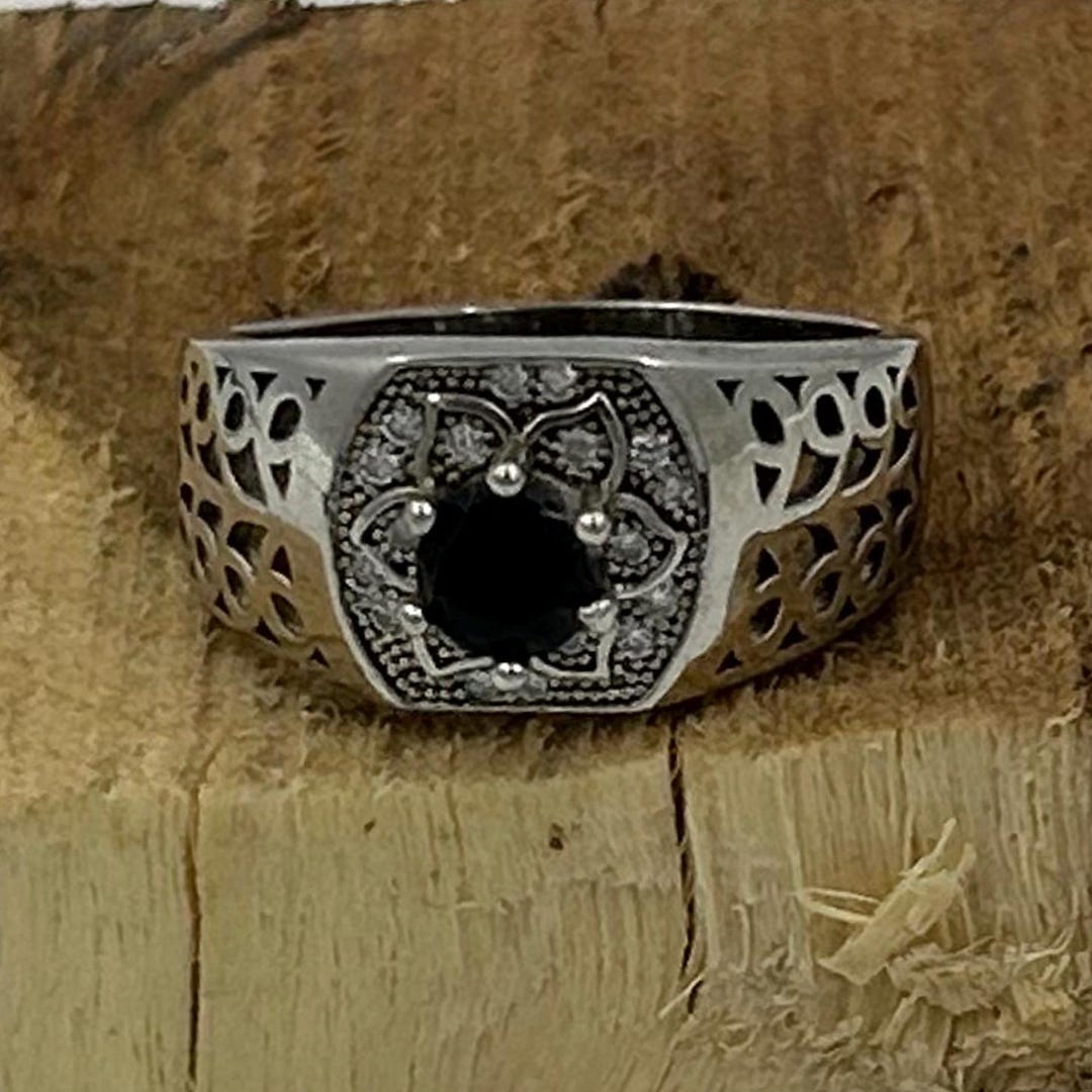 Men's Ring , Round Black Onyx Gemstone Ring, Solid 925 Sterling Silver ...